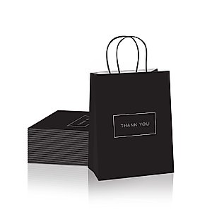 Purple Q Crafts Small Paper Thank You Gift Bags with Handles – 8x4x10 Inches, Strong Quality 50 Pack Shopping Bags with Thank You Logo - Black Thank You Bags For Business and Boutiqe Shops