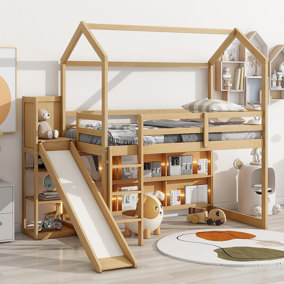 Merax Twin Size House Loft Bed with Slide and Storage Shelves, Wood Loft Bed for Boys & Girls (Natural)