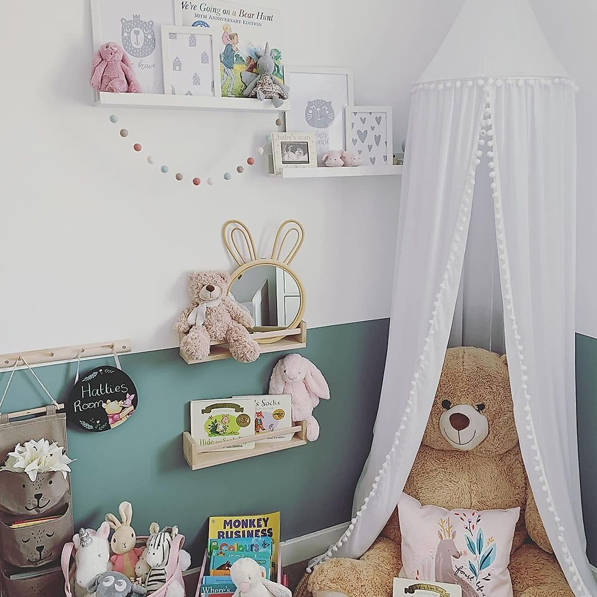 LOAOL Kids Bed Canopy with Pom Pom Cotton Canopy for Crib Baby Girl Netting Cover Canopy Crib Curtain Reading Nook Hanging Tent Nursery Play Game Castle House Decoration (White Pompom)