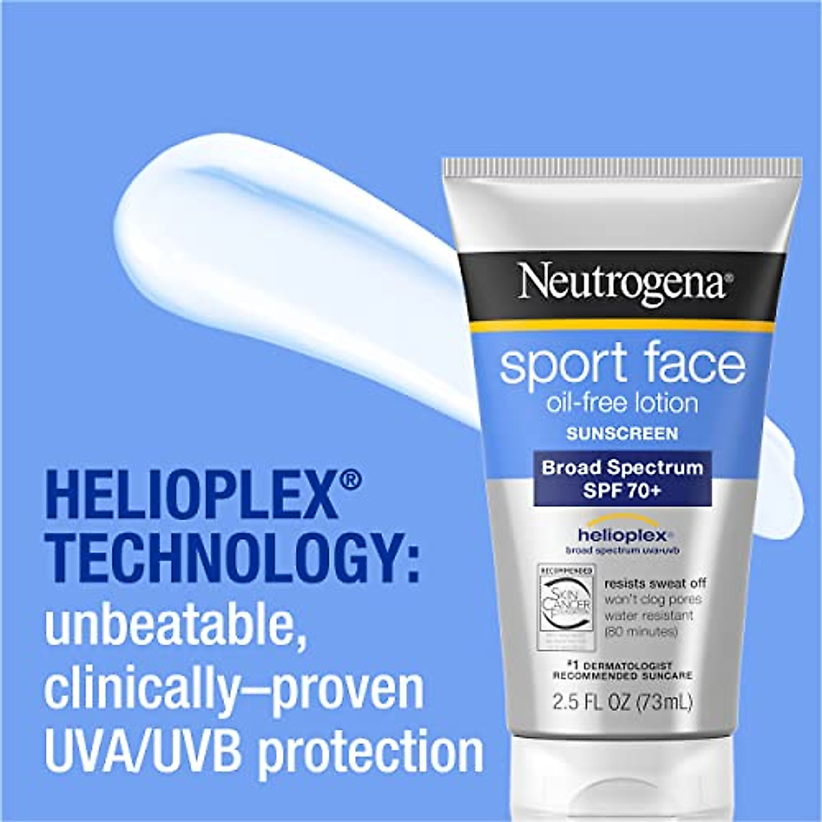 Neutrogena Sport Face Sunscreen SPF 70+, Oil-Free Facial Sunscreen Lotion with Broad Spectrum UVA/UVB Sun Protection, Sweat-Resistant & Water-Resistant, 2.5 fl. oz