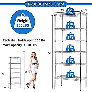 YYkokocat Metal Shelving Unit Detachable Storage Rack with 8 Leveling Feet Adjustable Storage Shelves Wire Shelves for Storage Kitchen Garage, 900LB Capacity, 59" H x 23" L x 14" D, Chrome