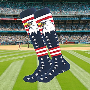 BUENWAZ Men's American Flag Baseball Socks, Athletic Knee High Football Sock, Patriotic Over the Calf Socks (1 Pack, Eagle, Size 8-12)
