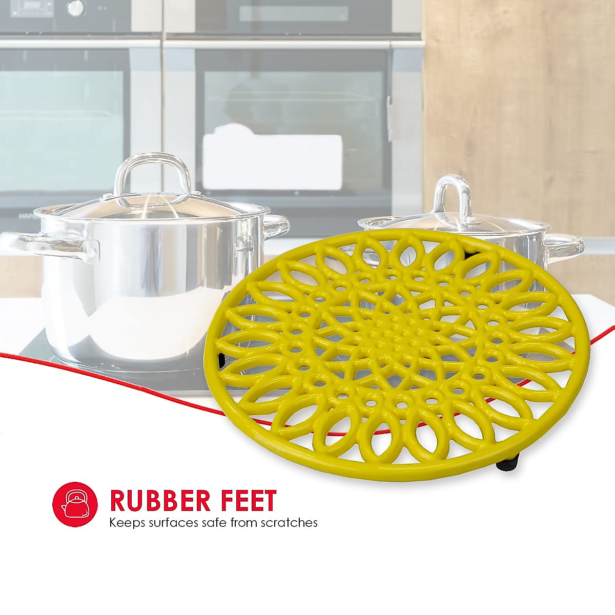 Home Basics Sunflower Collection, Heavy Duty Cast Iron Trivet, Elevated Base Kitchen Countertop & Dinning Room Table, (2, White)