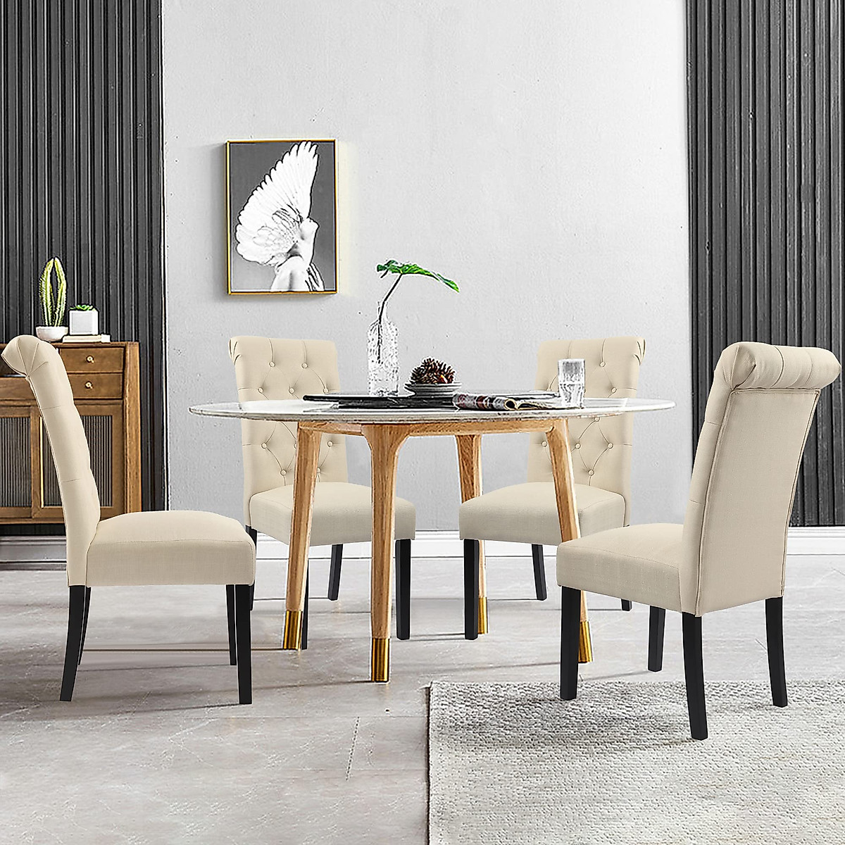GOTMINSI Upholstered Fabric Dining Room Chairs Tufted Parsons Dining Chairs Accent Kitchen Chairs with Solid Wood Legs for Home Kitchen and Restaurant (Set of 2), Beige