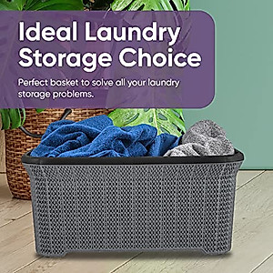 Plastic Laundry Basket Designed Small Storage Hamper Basket, 2 Pack Grey Cloths Basket Organizer with Cut-out Handles. Space Saving for Laundry Room Bedroom Bathroom, Knit Design 40 Liter.