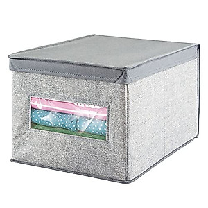 mDesign Large Fabric Stackable Closet Organizer Box with Clear Window/Lid for Bedroom, Office, Bathroom, Mudroom Organization - Shoe, Sweater, Clothes Storage, Lido Collection, Gray