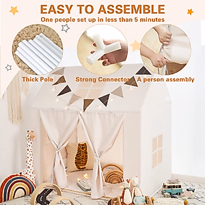 Kids Tent with Mat, Lights and Flags, Play Tent Indoor, Playhouse for Kids Outdoor, Kids Play Tent with Windows and Roll Up Door, 52" x35" x 52", Baby Play Tent for Both Boys and Girls