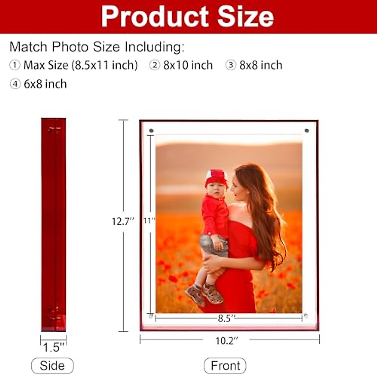 MFoffice 8.5x11 Picture Frame, Stunning Color Acrylic Photo Frame, Use as 8.5x11, 8x10, 8x8, 6x8 Picture Frame and Acrylic Tray, Horizontal and Vertical Formats for Tabletop Display, Red, 1Pack
