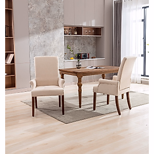 Restworld Dining Room Chairs with Arms,Tufted Upholstered High Back Nailed Trim with Untique Oak Wood Legs for Kitchen Restaurant Room Bedroom (Ivory, SingleA)
