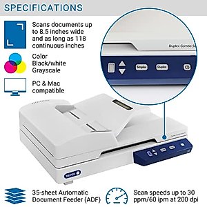 Visioneer Xerox Duplex Combo Scanner for PC and Mac, USB Flatbed Document Scanner, 30 PPM, 35 Page Automatic Document Feeder (ADF), TAA