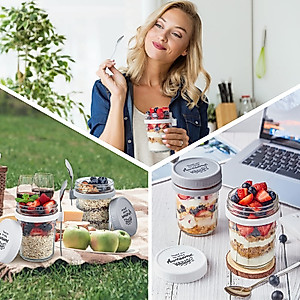 Kucoele Overnight Oats Jars with Lids and Spoons, 2 Pack 12 oz Glass Mason Jars Oatmeal Containers with Measurement Marks for Cereal, Milk, Vegetable and Fruit Salad (Grey+White)