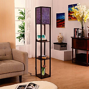 Abstract Stained Glass Mosaic Purple Violet Floor Lamp with Shelves USB Ports & Power Outlet Linen Fabric Shade Corner Standing Lamp for Living Room