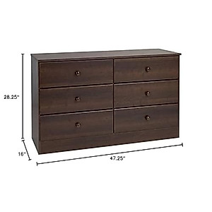 Prepac Astrid 6 Drawer Double Dresser For Bedroom, 16" D x 47.25" W x 28.25" H, Espresso