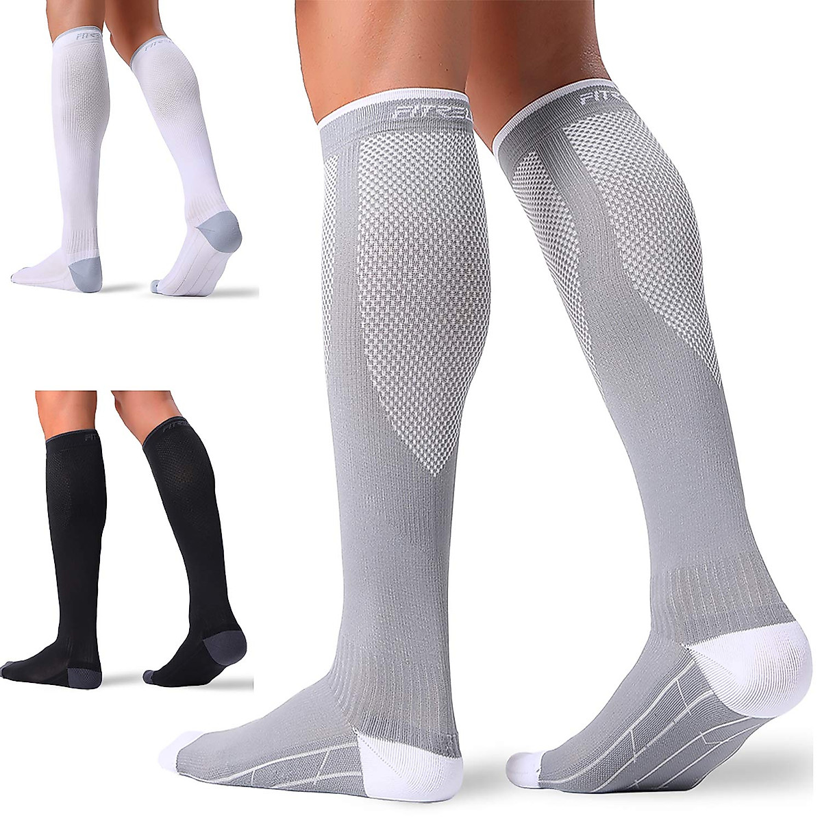 FITRELL 3 Pairs Compression Socks for Women and Men 20-30mmHg- Support Socks for Travel, Running, Nurse, Knee High Socks, Medical BLACK+WHITE+GREY S/M