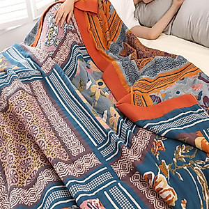 KINBEDY 4 Layers of Gauze Blanket, 100% Cotton Super Soft Boho Lightweight Breathable Bed Blankets Colorful Muslin Throw Blanket for All Seasons, Queen Size,79 x 92 Inches.