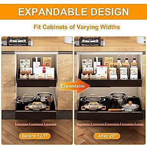 2Pc Pull out Cabinet Organizer,Slide out Drawer with 3 Rails,16"D,Expandable(12.1"-20"W) Peel and Stick Pull out Drawers for Kitchen,No Screw Adjustable Cabinet Drawer,Pantry Roll out Shelves,No Drill