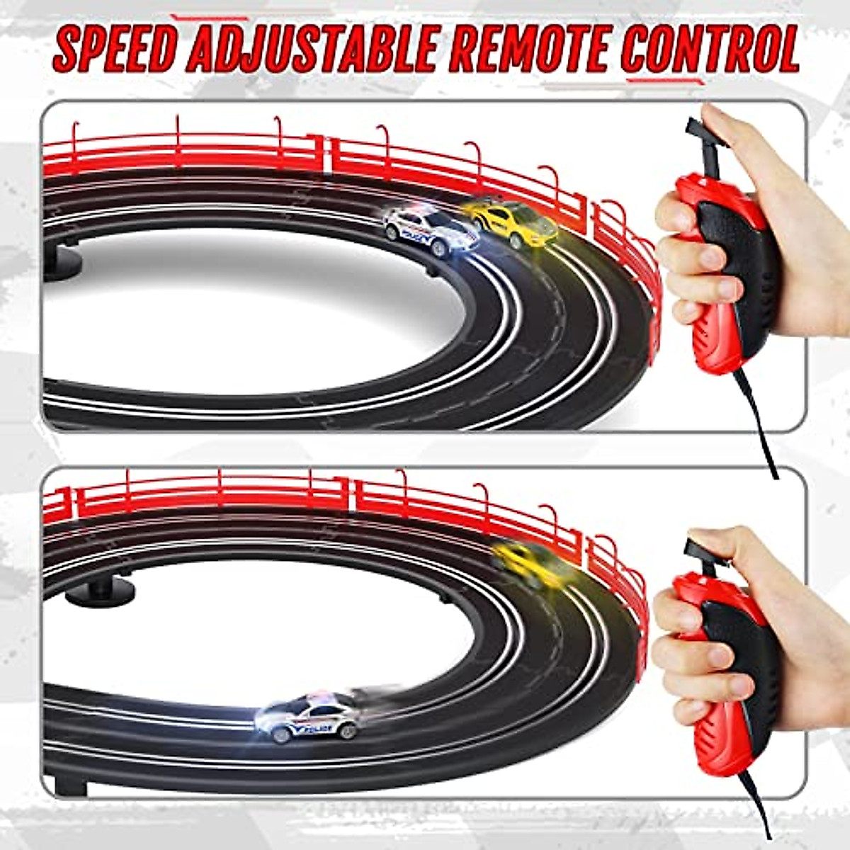 Race Track Toys for Boys Age 8-12 with 2 Loop, 4 Race Cars 1:43 Scale with Headlights, Battery Operated Slot Car Race Track Set, 2 Controllers, Lap Counter, 2 Player Game, Gift for Kids 6+ Year Old
