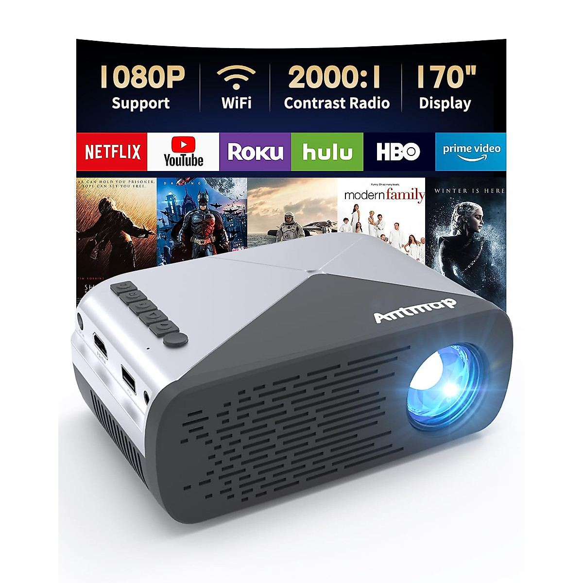Mini Projector with WiFi, Supported 1080P Full HD, Portable Outdoor Movie Projector, Home Theater Video Projector Compatible with TV Stick/HDMI/USB/PS4/iOS & Android