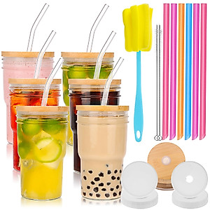 Moretoes 6pcs 16oz Glass Cups with Lids and Straws, Glass Iced Coffee Cups Cute Travel Tumbler Cups, Drinking Jars Set Reusable Boba Bottle for Jumbo Smoothie, Cold Brew, Soda, Juice