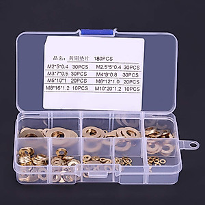 180Pcs Brass Flat Washer Assortment Set with Box M2/M2.5/M3/M4/M5/M6/M8/M10 Metal Washers