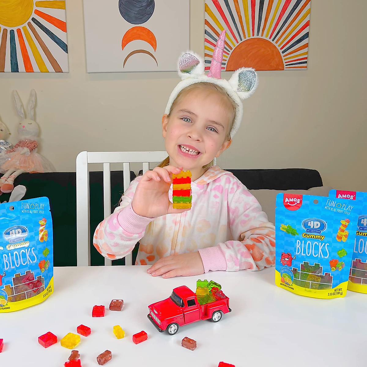 AMOS 4D Gummy Blocks Candy Bricks, Edible Building Block Gummies for Kid's Lego Theme Party, Funny Cupcake Topper Decoration, Resealable 3.53oz Bag (Pack of 3)