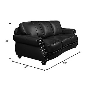 Sunset Trading Charleston 86" Wide Top Grain Leather Black 3 Seater Rolled Arm Couch with Nailheads Sofa, Classic Stationary