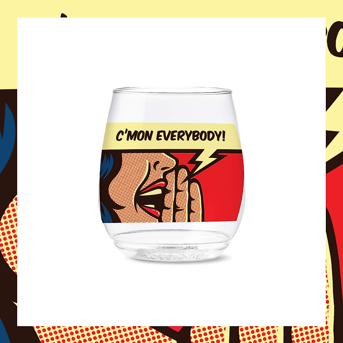 TOSSWARE POP 14oz Vino Pop Art Comic Series, SET OF 6, Premium Quality, Recyclable, Unbreakable & Crystal Clear Plastic Wine Glasses