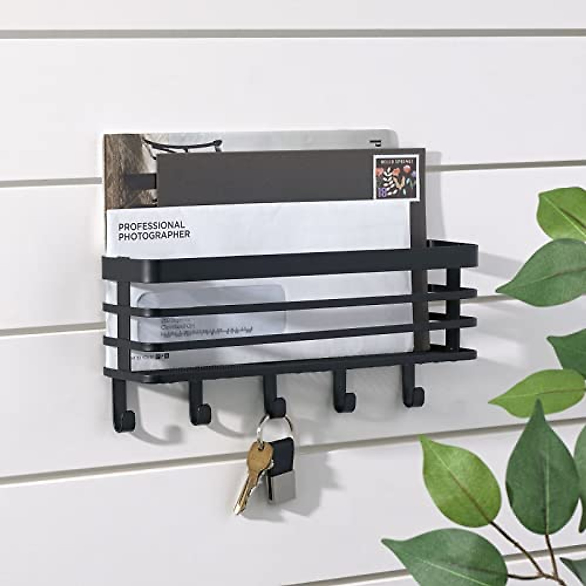 mDesign Metal Wall Mount Mail and Key Holder with 5 Hooks, Hanger Rack Shelf for Home Entryway, Mudroom, Kitchen, Hold Letters, Cards, Magazines, Coats, Umbrellas, Carson Collection, Matte Black