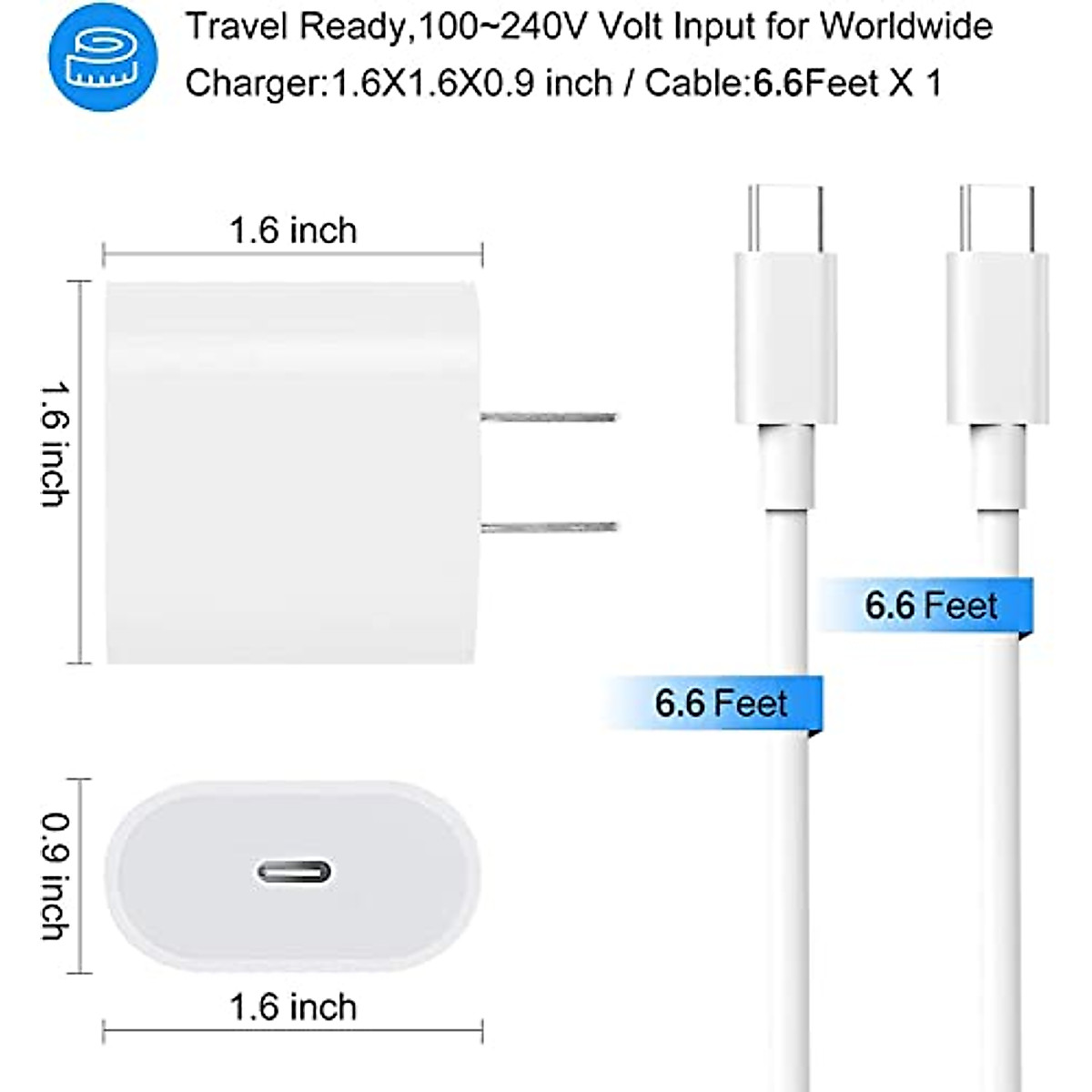 20Watt USB C Fast Charger for 2022/2021/2020/2018 iPad Pro 12.9 inch, iPad Pro 11 inch, New iPad Air 5th/4th, iPad 10th Generation, iPad Mini 6, PD Wall Charger with 6.7Foot USB C to C Charging Cable
