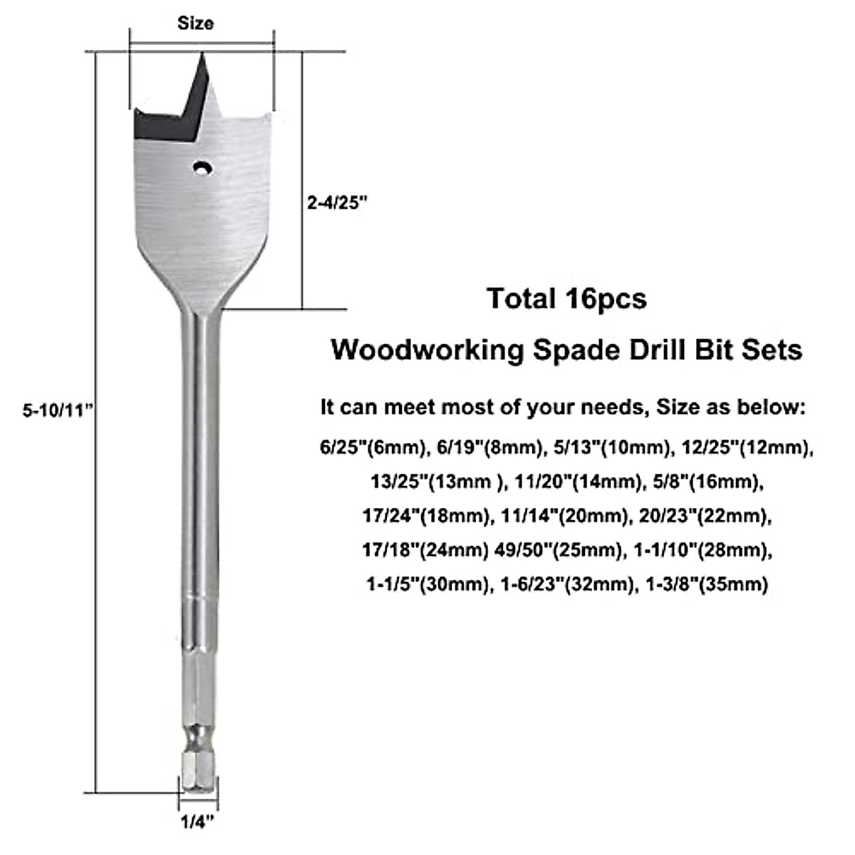 Woodworking Spade Drill Bits Set 16Pcs High Carbon Steel Hex Shank Paddle Flat Bits with Double Side Cutting Spurs Woodworker Hole Cutter Bits for Wood, Polyurethane Board, PVC Sizes 6/25~1-3/8IN