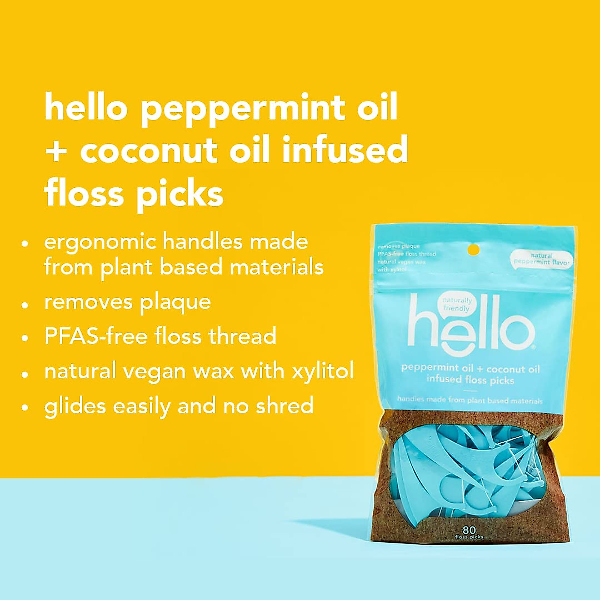 hello Peppermint Floss Picks, Natural Peppermint + Xylitol Infused, PFAS-free Thread, Vegan & Sls Free, 80 Count (3 Packs Of 80, Total Of 240 Floss Picks), 3 count