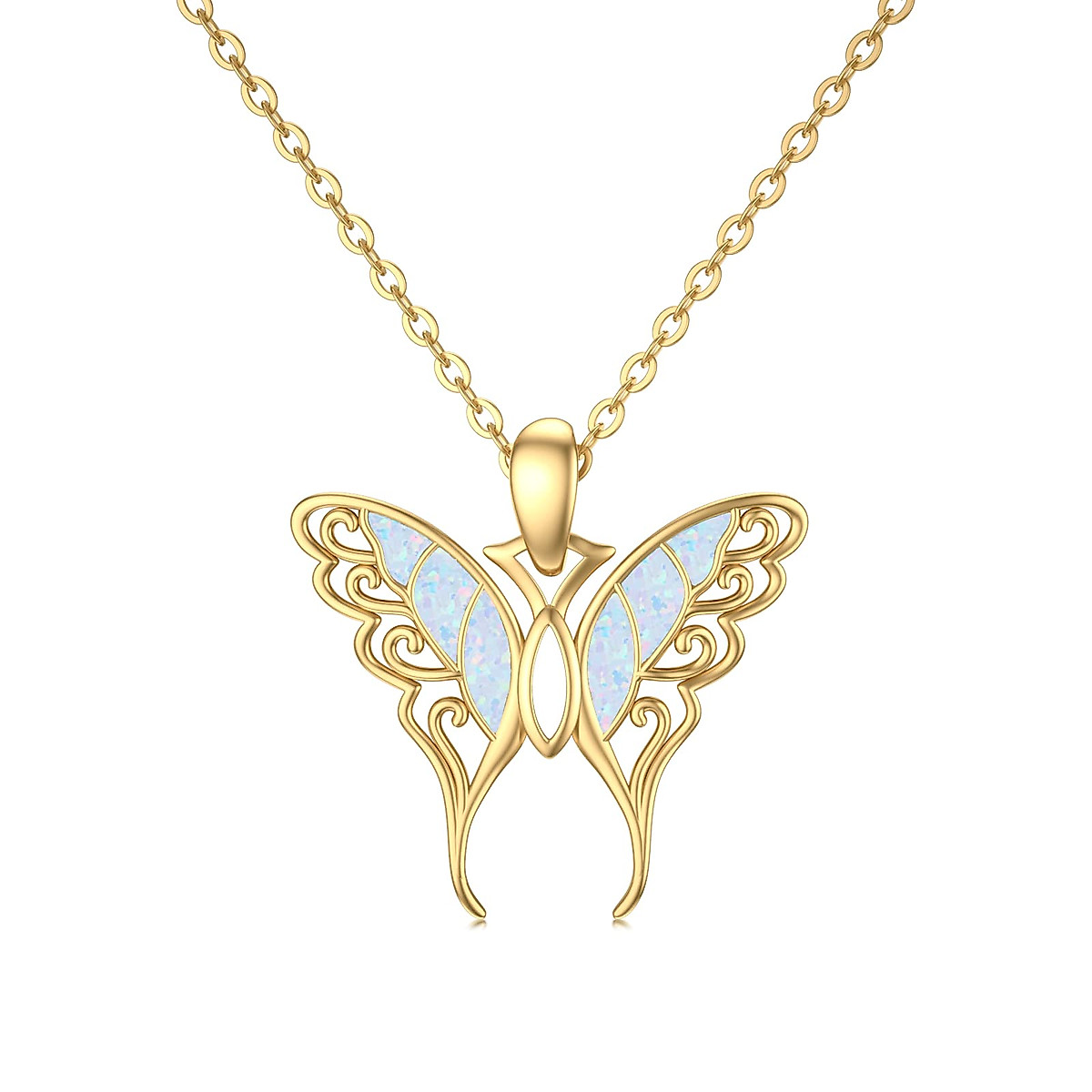 SISGEM 14K Real Gold Butterfly Necklace with Blue Opal for Women Teen Girls,Yellow Gold Butterfly Pendant Necklace Dainty Filigree Butterfly Jewelry Gifts for Birthday Christmas 16+1+1 inch, Gold,
