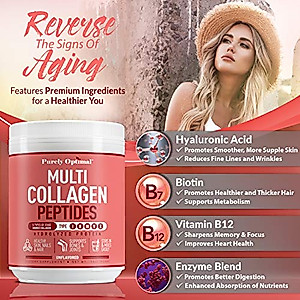 Purely Optimal Premium Multi Collagen Powder - 5 Types of Hydrolyzed Collagen Peptides with Biotin, Hair Skin and Nails Vitamins, Bone & Joint Support - Keto-Friendly, Unflavored (16 oz)