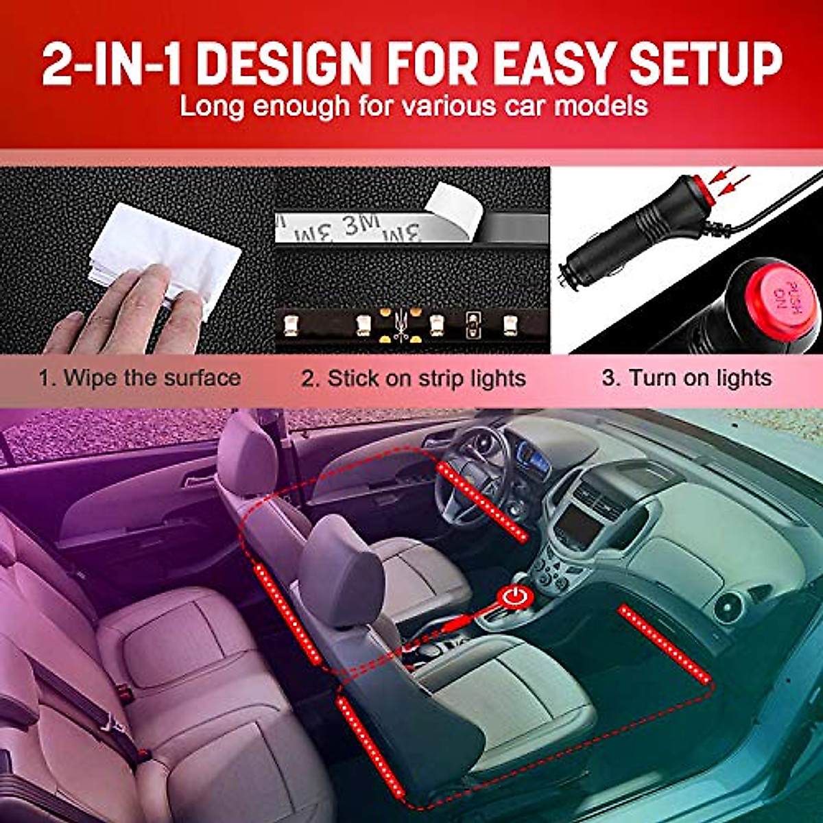 Pilot CZ-177R 12V Red Interior/Exterior LED Flexi Light Strips -12 Inches / 2 Strips- Cut to Fit - Multi-Purpose Automotive or Home Use, Water Resistant with Easy-Peel Tape Included