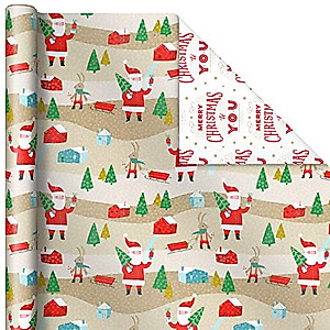 Hallmark Reversible Christmas Wrapping Paper (3 Rolls: 120 sq. ft. ttl) Rustic Santa, Papercraft Snowmen, Candy Canes, Stripes, Snowflakes, "Merry Christmas to You"
