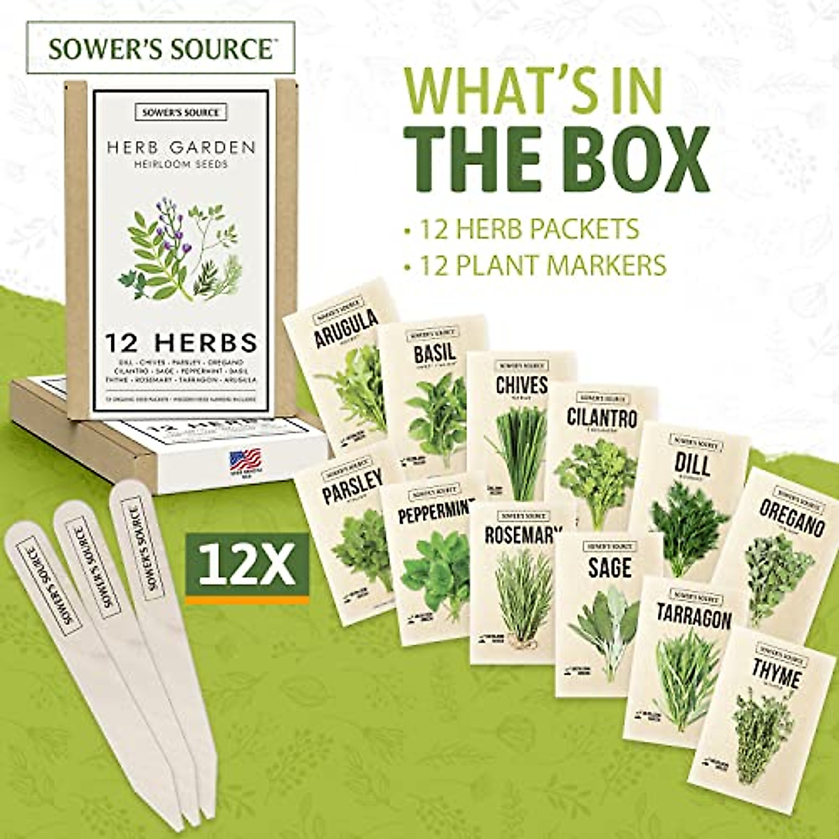SOWER'S SOURCE Herb Seeds For Planting - 12 Non-GMO Herb Garden Seeds for Planting Herbs: Basil Seeds, Dill, Chives, Oregano, Sage, Peppermint, Cilantro, Thyme, Rosemary, Tarragon, Parsley, Arugula