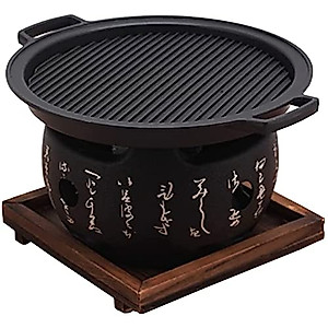 Buachois Round Carbon Barbecue,Charcoal Table Grill,Japanese Style BBQ Grill,Japanese Non-electric Griddles, Mini Square Grill with Wooden Base for Picnic Garden Camping 19x19x18 cm / 7.5x7.5x7.1 in