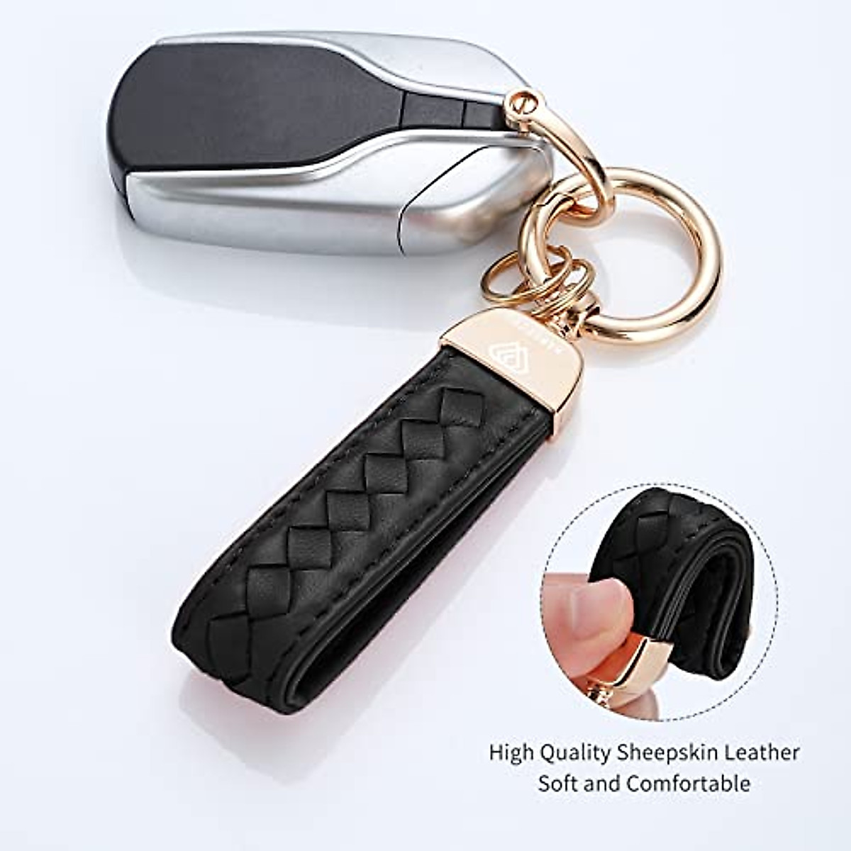Hamdecro Genuine Leather Car Keychain, Handmade Knit Sheepskin Key chains for Women, Universal Key Fob Holder with 360 Degree Rotatable, Anti-Lost D-Ring, 2 Keyrings and 1 Screwdriver – Black