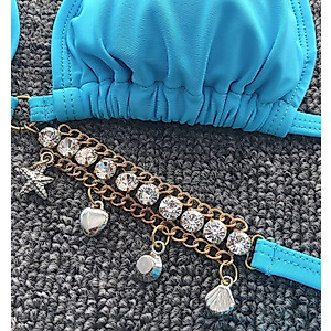 BIKINX Women's Sexy Thong Bikini Diamond Tie Side Bottom Blue Triangle Bikini Halter Swimsuits