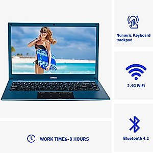 Azeyou Newest 14.1" Thin Light Business Student Laptop Computer, up to 2.8GHz Celeron N4020 Processor, 4GB DDR4 RAM, 64GB Storage, 2MP Webcam, WiFi, Bluetooth, Windows 11 Laptop Blue
