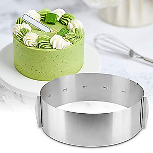 KEILEOHO Layer Cake Slicer Set, 2 PCS Stainless Steel Adjustable 7 Layered Bread Cutter Ring with Respective Diameter of 6-8 Inches and 9-12 Inches 3.4 Inches High and 1 PCS Adjustable Biscuit Cutter