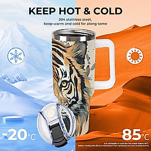 MNVTSKOP 40 Oz Tumbler With Handle And Straw White Year of The Tiger Tiger Face Printed Stainless Steel Car Cup Coffee Mug Leak Proof Insulated Water Bottle for Travel Camping Gym
