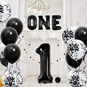 Large - Black One Balloon for First Birthday, 40 Inch Number 1 Balloon, Black 1st Birthday Balloons, Confetti Balloons, Black 1 Balloon 1st Birthday Decorations for Boys, 1 Year Old Balloon