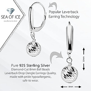 Sea of Ice Sterling Silver Ball Beads Leverback Drop Dangle Earing– Diamond-Cut 8mm Ball Beads - Elegant Sterling Silver Earrings for Women – Nickel-Free Jewelry