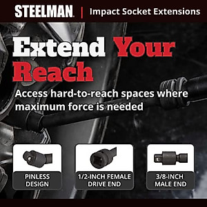 Steelman Pro 1/2-Inch Drive, 3/8-Inch Pinless Swivel Impact Extension, 36-Inch, Chromoly Steel with Black Oxide Finish, Maximum Torque Transfer Pinless Joint Design (79995)
