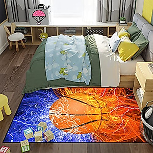 Basketball Carpet for Boys Room Basketball Room Decor Floor Rug Basketball Rug for Boys Bedroom Hipster Basketball Ball on Fire and Water Floor Mat, 3'×5'