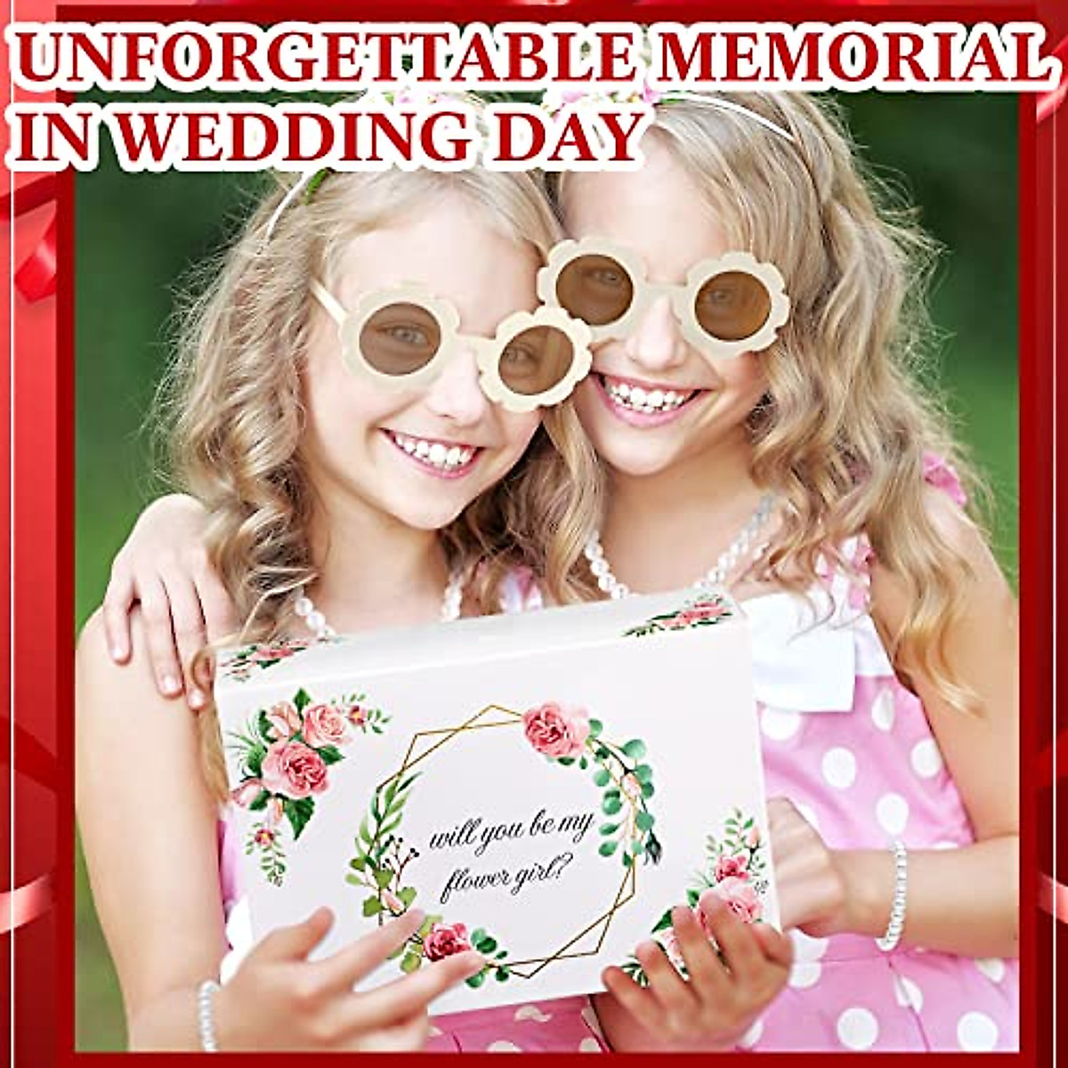16 Pcs Flower Girl Proposal Box Kit Flower Girl Gifts Flower Girl Box Round Glasses Necklace Pearl Bracelet Diamond Pen Hair Scrunchies Rose Will You Be My Flower Girl for Wedding (Classic Color)