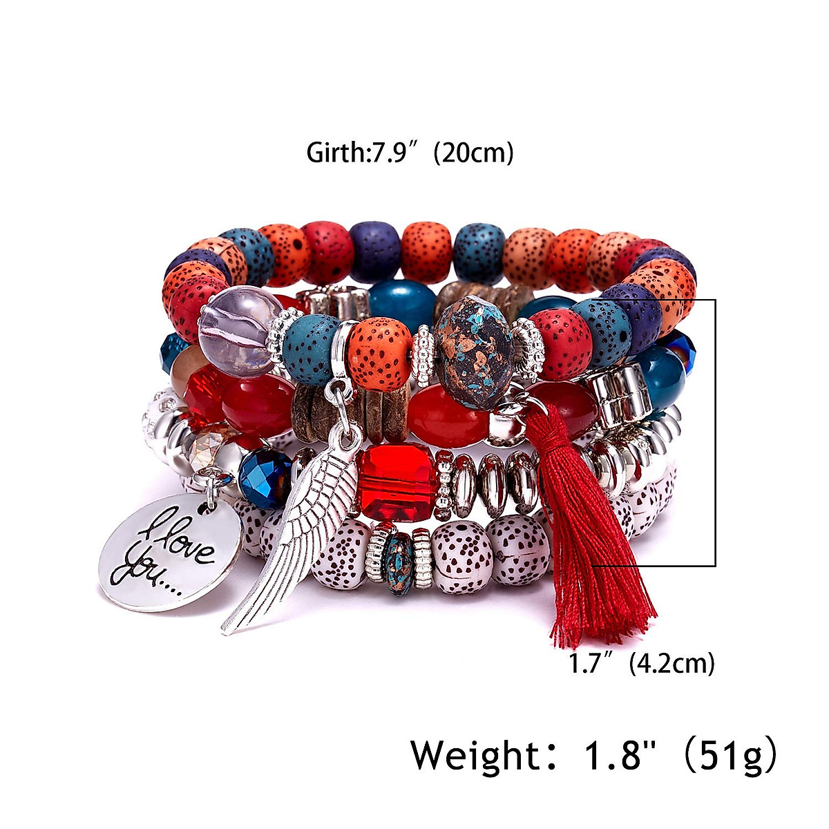 SMALLLOVE Bohemian Bracelets Set for Women Multilayer Stretch Stackable Wing Tassel Love Charm Crystal Beaded Beach Boho Natural Stone (Black)