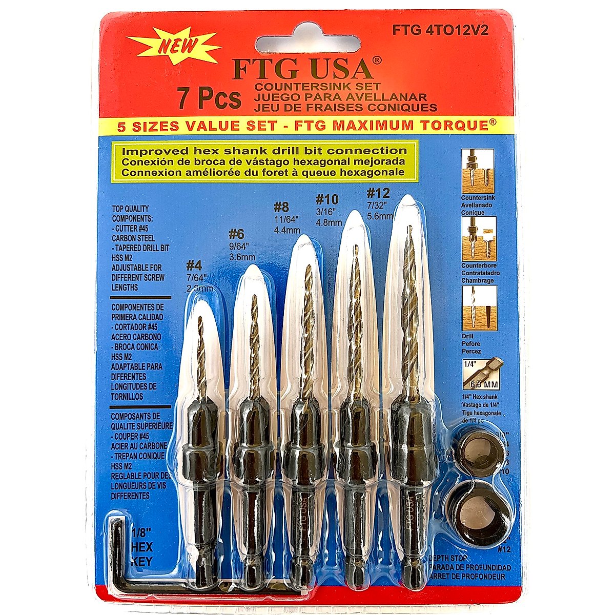 FTG USA Wood Countersink Drill Bit Set 5 Sizes Set Countersink #4, 6, 8, 10, 12 Tapered Drill Bits with Hex Shank Countersink bit, 2 Stop Collar, 1 Allen Wrench, 6 Storage Containers