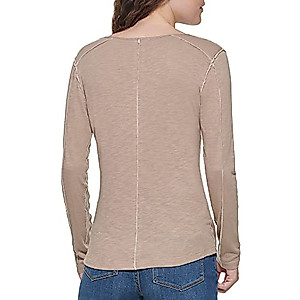 DKNY Women's Long Sleeve Layering Crewneck Sportswear Top, Mushroom, Medium
